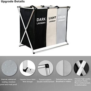 Laundry Cloth Hamper Sorter Basket Bin Foldable 3 Sections with Aluminum Frame 26''×24''H Washing Storage Dirty Clothes Bag for Bathroom Bedroom Home Storage basket (3 Liner, White+grey+black)