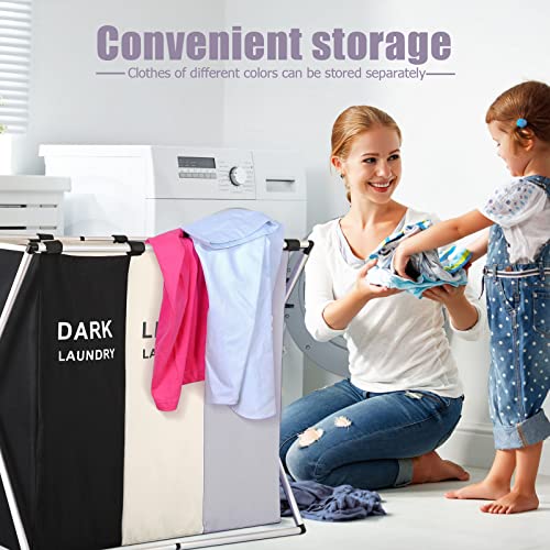 Laundry Cloth Hamper Sorter Basket Bin Foldable 3 Sections with Aluminum Frame 26''×24''H Washing Storage Dirty Clothes Bag for Bathroom Bedroom Home Storage basket (3 Liner, White+grey+black)