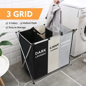 Laundry Cloth Hamper Sorter Basket Bin Foldable 3 Sections with Aluminum Frame 26''×24''H Washing Storage Dirty Clothes Bag for Bathroom Bedroom Home Storage basket (3 Liner, White+grey+black)