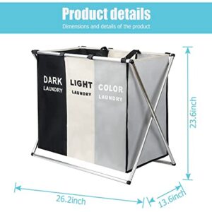 Laundry Cloth Hamper Sorter Basket Bin Foldable 3 Sections with Aluminum Frame 26''×24''H Washing Storage Dirty Clothes Bag for Bathroom Bedroom Home Storage basket (3 Liner, White+grey+black)