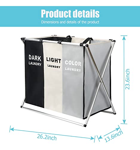 Laundry Cloth Hamper Sorter Basket Bin Foldable 3 Sections with Aluminum Frame 26''×24''H Washing Storage Dirty Clothes Bag for Bathroom Bedroom Home Storage basket (3 Liner, White+grey+black)