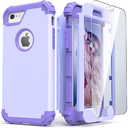 IDweel iPhone 6S Case, iPhone 6 Case with Tempered Glass Screen Protector, 3 in 1 Shock Absorption Heavy Duty Hard PC Covers Soft Silicone Full Body Protective Case for Women Girls,Purple