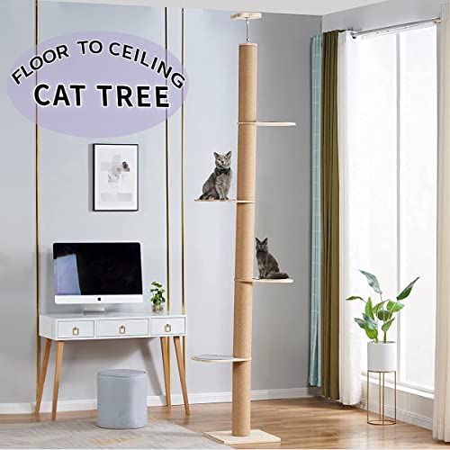 Catforest Floor-to-Ceiling Cat Tree Cat Climbing Tower with Natural Sisal Rope Scratching Post, Height:93.7-101.1Inch&101.2-108.6Inch&108.7-115.4Inch 3 Options (Celling Height:93.7Inch-101.1Inch)