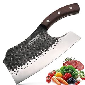 Forged Cleaver, Effort Saving Kitchen Hybrid Knife, Handmade Chinese Chef's Knives, Full Tang Cutlery with High Carbon Steel Blade, Brown Sandalwood Ergonomic Handle,Gift Box Included