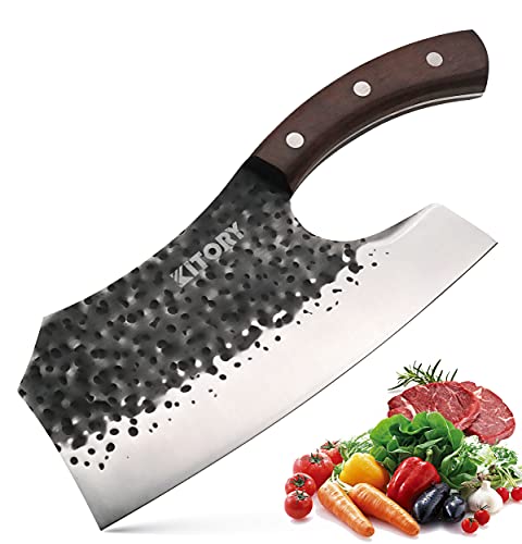 Forged Cleaver, Effort Saving Kitchen Hybrid Knife, Handmade Chinese Chef's Knives, Full Tang Cutlery with High Carbon Steel Blade, Brown Sandalwood Ergonomic Handle,Gift Box Included