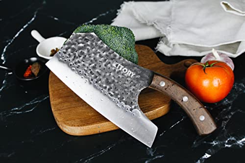 Forged Cleaver, Effort Saving Kitchen Hybrid Knife, Handmade Chinese Chef's Knives, Full Tang Cutlery with High Carbon Steel Blade, Brown Sandalwood Ergonomic Handle,Gift Box Included