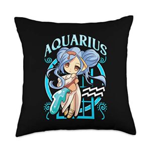 aquarius gift women girls mom aunt sister kids aquarius chibi zodiac sign horoscope kawaii manga cute girly throw pillow, 18x18, multicolor