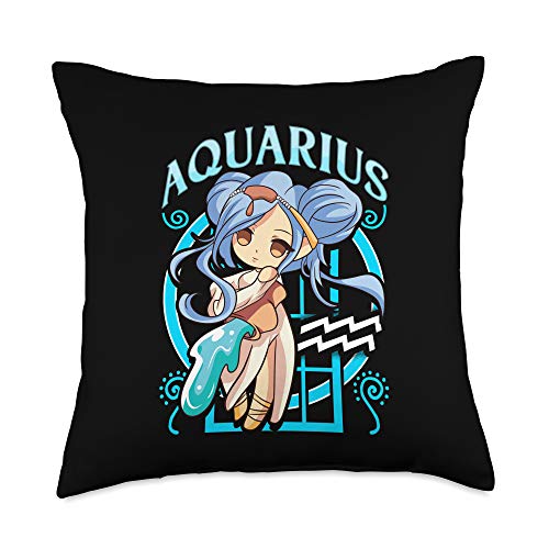 Aquarius Gift Women Girls Mom Aunt Sister Kids Aquarius Chibi Zodiac Sign Horoscope Kawaii Manga Cute Girly Throw Pillow, 18x18, Multicolor