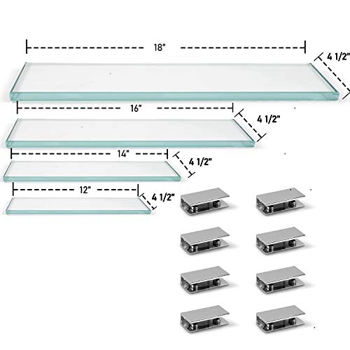 4 piece Floating Glass Shelves with Zinc Alloy Brackets – Bathroom, Office, Kitchen