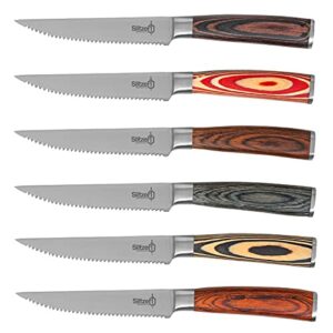 slitzer germany 6-piece 9 inch steak knife set - professional, high-performance serrated knife blades, pakkawood handles - stainless steel hand bolster & butt