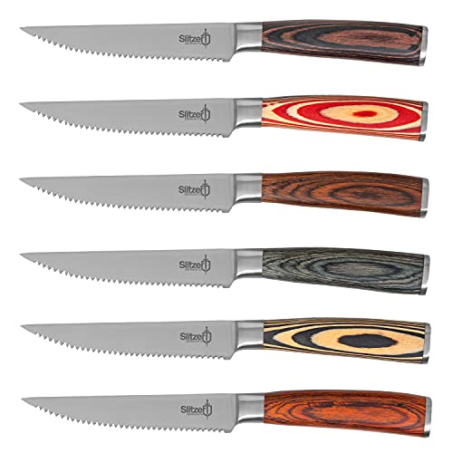 Slitzer Germany 6-Piece 9 Inch Steak Knife Set - Professional, High-Performance Serrated Knife Blades, Pakkawood Handles - Stainless Steel Hand Bolster & Butt