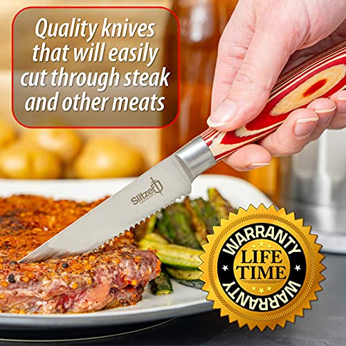 Slitzer Germany 6-Piece 9 Inch Steak Knife Set - Professional, High-Performance Serrated Knife Blades, Pakkawood Handles - Stainless Steel Hand Bolster & Butt