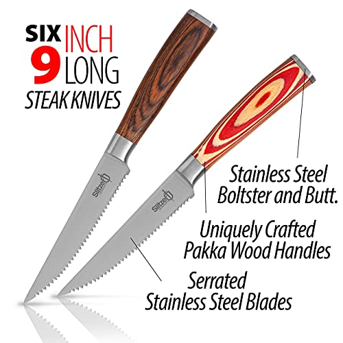 Slitzer Germany 6-Piece 9 Inch Steak Knife Set - Professional, High-Performance Serrated Knife Blades, Pakkawood Handles - Stainless Steel Hand Bolster & Butt