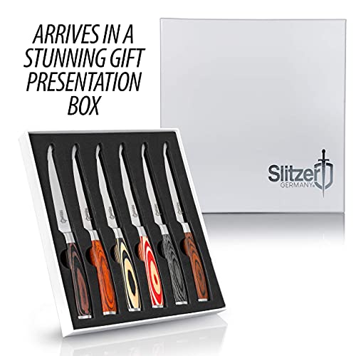 Slitzer Germany 6-Piece 9 Inch Steak Knife Set - Professional, High-Performance Serrated Knife Blades, Pakkawood Handles - Stainless Steel Hand Bolster & Butt