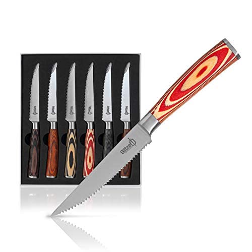 Slitzer Germany 6-Piece 9 Inch Steak Knife Set - Professional, High-Performance Serrated Knife Blades, Pakkawood Handles - Stainless Steel Hand Bolster & Butt