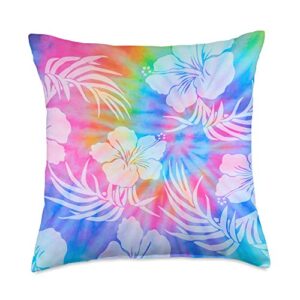 coconut girl aesthetic by kiki coconut girl hawaiian print tie dye pastel rainbow hibiscus throw pillow, 18x18, multicolor