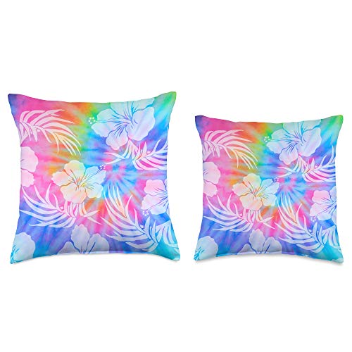 Coconut Girl Aesthetic By Kiki Coconut Girl Hawaiian Print Tie Dye Pastel Rainbow Hibiscus Throw Pillow, 18x18, Multicolor