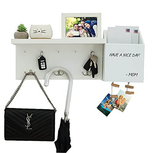 Mail & Key Organizer Wall Mount - With Key Hooks Mail Organizer Holder White Board and Photo Station. Organize and Sort Keys, Letters, and your Agenda with a Wood mounted hanging shelf (White)