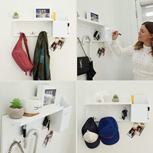 Mail & Key Organizer Wall Mount - With Key Hooks Mail Organizer Holder White Board and Photo Station. Organize and Sort Keys, Letters, and your Agenda with a Wood mounted hanging shelf (White)