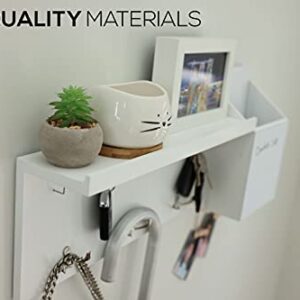 Mail & Key Organizer Wall Mount - With Key Hooks Mail Organizer Holder White Board and Photo Station. Organize and Sort Keys, Letters, and your Agenda with a Wood mounted hanging shelf (White)