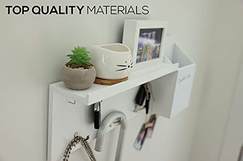 Mail & Key Organizer Wall Mount - With Key Hooks Mail Organizer Holder White Board and Photo Station. Organize and Sort Keys, Letters, and your Agenda with a Wood mounted hanging shelf (White)