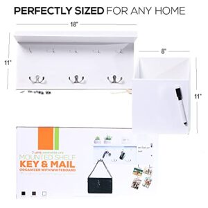 Mail & Key Organizer Wall Mount - With Key Hooks Mail Organizer Holder White Board and Photo Station. Organize and Sort Keys, Letters, and your Agenda with a Wood mounted hanging shelf (White)