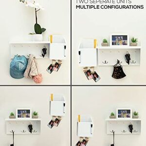 Mail & Key Organizer Wall Mount - With Key Hooks Mail Organizer Holder White Board and Photo Station. Organize and Sort Keys, Letters, and your Agenda with a Wood mounted hanging shelf (White)