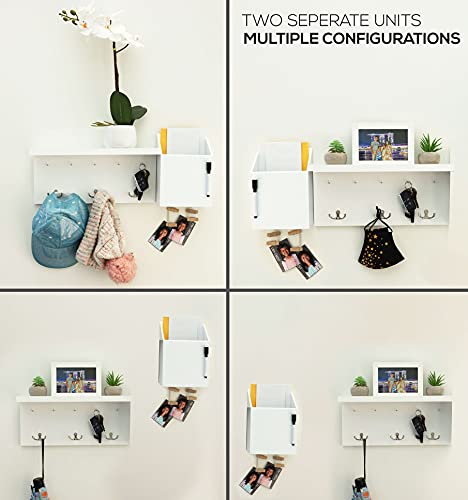 Mail & Key Organizer Wall Mount - With Key Hooks Mail Organizer Holder White Board and Photo Station. Organize and Sort Keys, Letters, and your Agenda with a Wood mounted hanging shelf (White)