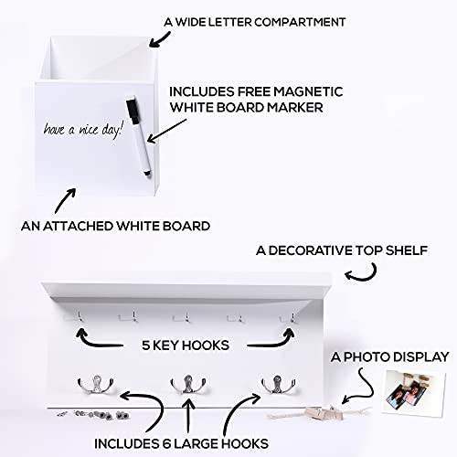 Mail & Key Organizer Wall Mount - With Key Hooks Mail Organizer Holder White Board and Photo Station. Organize and Sort Keys, Letters, and your Agenda with a Wood mounted hanging shelf (White)