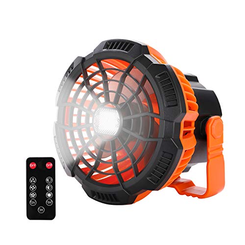 Portable Camping Fan with LED Light, USB Rechargeable Fan High Capacity Battery 3 Speeds Adjustable Remote Control Ceiling Hanging Tent Fan for Outdoor Camping Lantern Emergency, Home, Office, Travel