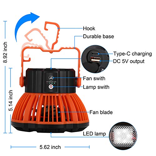 Portable Camping Fan with LED Light, USB Rechargeable Fan High Capacity Battery 3 Speeds Adjustable Remote Control Ceiling Hanging Tent Fan for Outdoor Camping Lantern Emergency, Home, Office, Travel