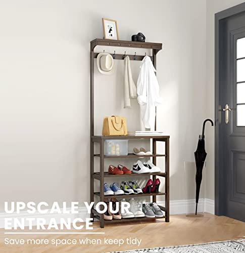 SEIRIONE 5-Tier Coat and Shoe Rack for Entryway Organizer, Freestanding Hall Tree, Mudroom Storage Organization Furniture, 5 Hanger Hooks, Upper Shelf, Solid Bamboo, Stylish Appearance