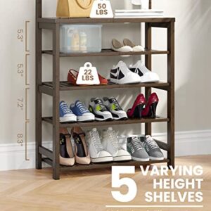 SEIRIONE 5-Tier Coat and Shoe Rack for Entryway Organizer, Freestanding Hall Tree, Mudroom Storage Organization Furniture, 5 Hanger Hooks, Upper Shelf, Solid Bamboo, Stylish Appearance