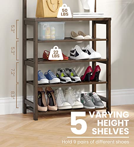 SEIRIONE 5-Tier Coat and Shoe Rack for Entryway Organizer, Freestanding Hall Tree, Mudroom Storage Organization Furniture, 5 Hanger Hooks, Upper Shelf, Solid Bamboo, Stylish Appearance