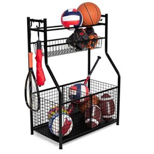 birdrock home sports equipment ball storage rack for garage - baseball, tennis, football, gym and basketball gear organizer - rack - wide bin basket - 4 hooks - tools garden shovels rack - indoor