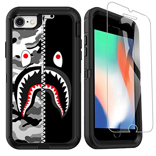 OTTARTAKS iPhone SE 2020 2022 Case with Screen Protector, Street Fashion Heavy Duty Camo iPhone 7 8 Case for Boys, Shockproof 3-Layer Protective Case for iPhone SE 3rd/2nd/7/8/6s/6, Black Grey Shark