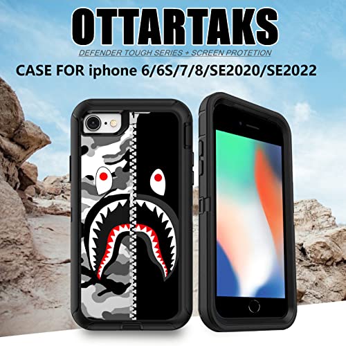 OTTARTAKS iPhone SE 2020 2022 Case with Screen Protector, Street Fashion Heavy Duty Camo iPhone 7 8 Case for Boys, Shockproof 3-Layer Protective Case for iPhone SE 3rd/2nd/7/8/6s/6, Black Grey Shark