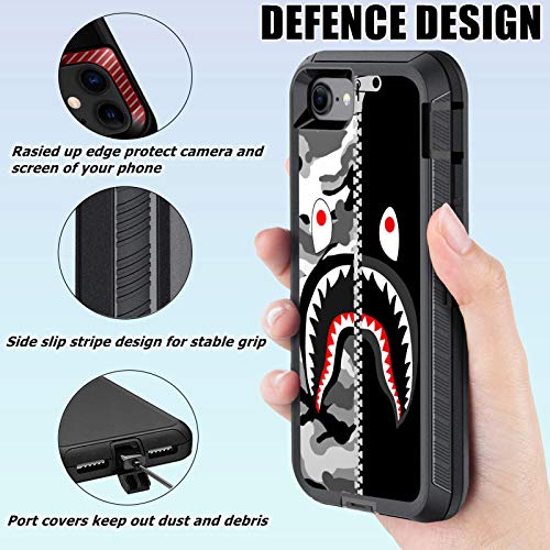 OTTARTAKS iPhone SE 2020 2022 Case with Screen Protector, Street Fashion Heavy Duty Camo iPhone 7 8 Case for Boys, Shockproof 3-Layer Protective Case for iPhone SE 3rd/2nd/7/8/6s/6, Black Grey Shark