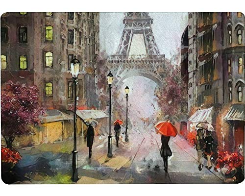 Tempered Glass Cutting Board oil painting on canvas street view of Paris Artwork eiffel tower Tableware Kitchen Decorative Cutting Board with Non-slip Legs, Serving Board, Large Size, 15" x 11"