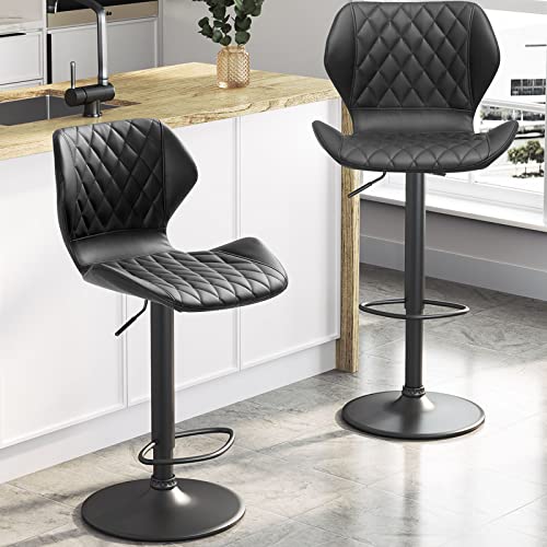 DICTAC Leather Bar Stools Set of 2 Black Adjustable Height Bar Chairs Pair Swivel Barstools Breakfast Bar Stools for Kitchen Island Counter Stool Capacity 400 lbs, Retro Black