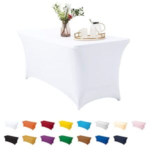 manmengji white spandex table cover 6 ft, stretch tablecloths for standard folding tables, universal rectangular fitted table cloths for wedding, banquet, party and events