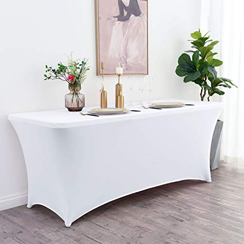 ManMengJi White Spandex Table Cover 6 ft, Stretch Tablecloths for Standard Folding Tables, Universal Rectangular Fitted Table Cloths for Wedding, Banquet, Party and Events