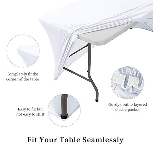 ManMengJi White Spandex Table Cover 6 ft, Stretch Tablecloths for Standard Folding Tables, Universal Rectangular Fitted Table Cloths for Wedding, Banquet, Party and Events