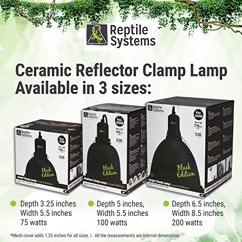 Reptile Systems Ceramic Reflector Clamp Lamp - Black Edition - Basking Lamp Bulb Holder for Terrariums, Vivariums, Paludariums, Enclosures & Cages - Small 5.5" Diameter - 75watt - E26