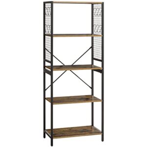 lavievert industrial bookshelf, 5-tier vintage bookcase with metal grid and 12 s-shaped hooks, multipurpose storage shelf display rack for living room, bedroom, kitchen & office - rustic brown