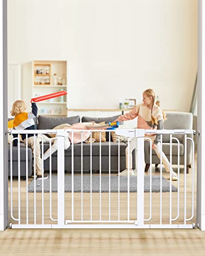 Mom's Choice Awards Winner-Cumbor 29.7-57" Baby Gate for Stairs, Extra Wide Dog Gate for Doorways, Pressure Mounted Walk Through Safety Child Gate for Kids Toddler, Tall Pet Puppy Fence Gate, White