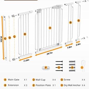 Mom's Choice Awards Winner-Cumbor 29.7-57" Baby Gate for Stairs, Extra Wide Dog Gate for Doorways, Pressure Mounted Walk Through Safety Child Gate for Kids Toddler, Tall Pet Puppy Fence Gate, White