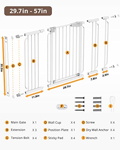 Mom's Choice Awards Winner-Cumbor 29.7-57" Baby Gate for Stairs, Extra Wide Dog Gate for Doorways, Pressure Mounted Walk Through Safety Child Gate for Kids Toddler, Tall Pet Puppy Fence Gate, White