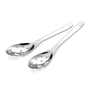 small slotted spoons,aoosy modern stylish thick heavy-weight short handle stainless steel 10 holes durable caviar spoon for soup cereals dips curry sauces stews, set of 2