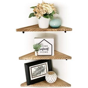 beecora corner wall shelf- home decor [3pc set] w/bonus level rustic real wood farmhouse shelves for bedroom wall mounted living room bathroom organizer kitchen office floating shelf